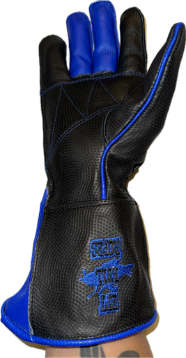 Adult Youth Bull Riding Glove RH Black Blue Calf Leather