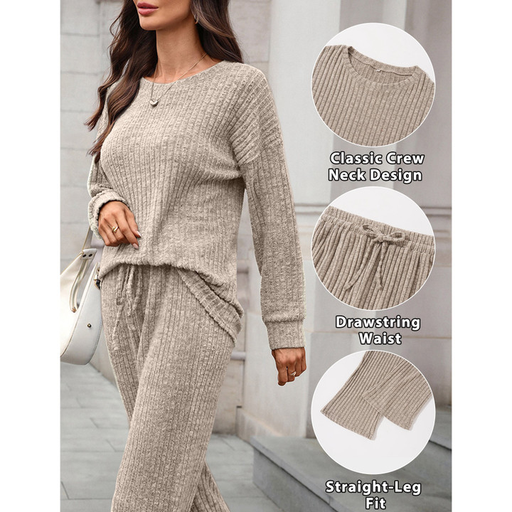 Soft Ribbed Knit Lounge Set: Wide Leg Pants & Pullover Top (Separates)