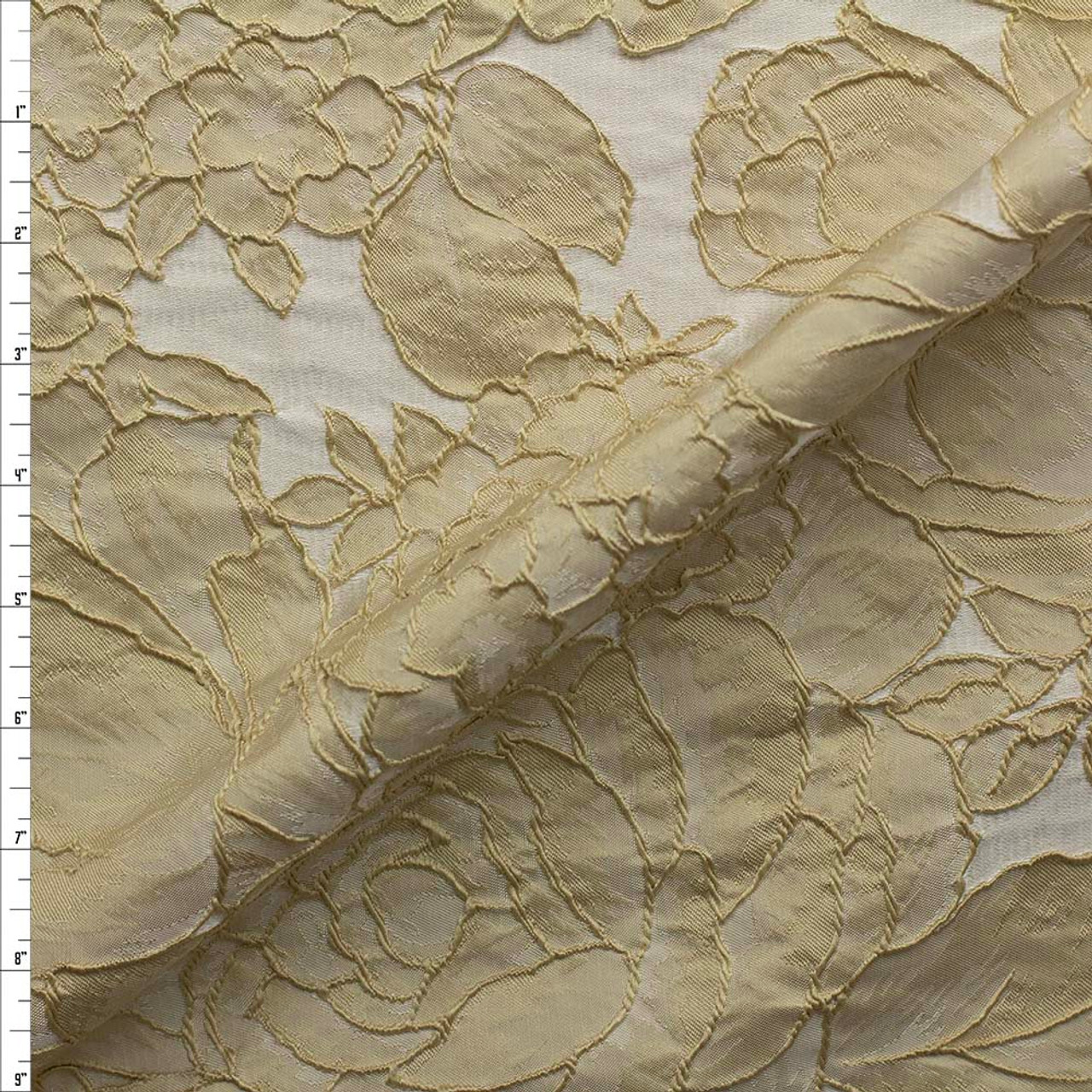 Cali Fabrics Gold and Ivory Textured Rose Floral Designer Brocade Fabric by the Yard