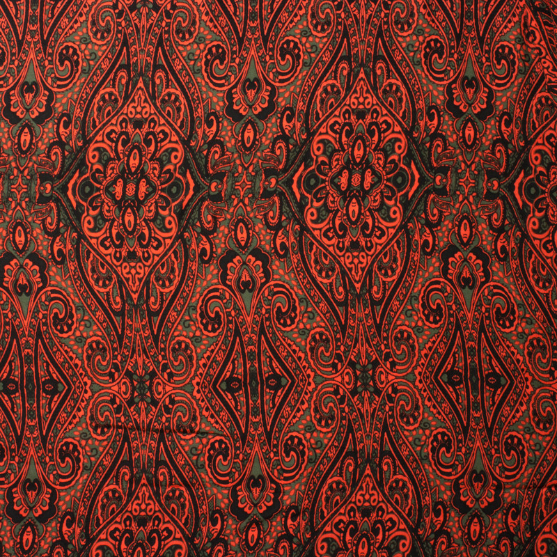 Cali Fabrics | Brown and Neon Orange Scrollwork Pattern Rayon Challis