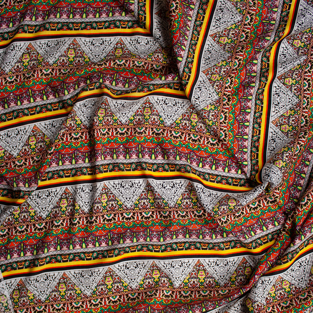 Cali Fabrics Tan, Mustard, Ivory, and Black Bohemian Stripe Rayon ...