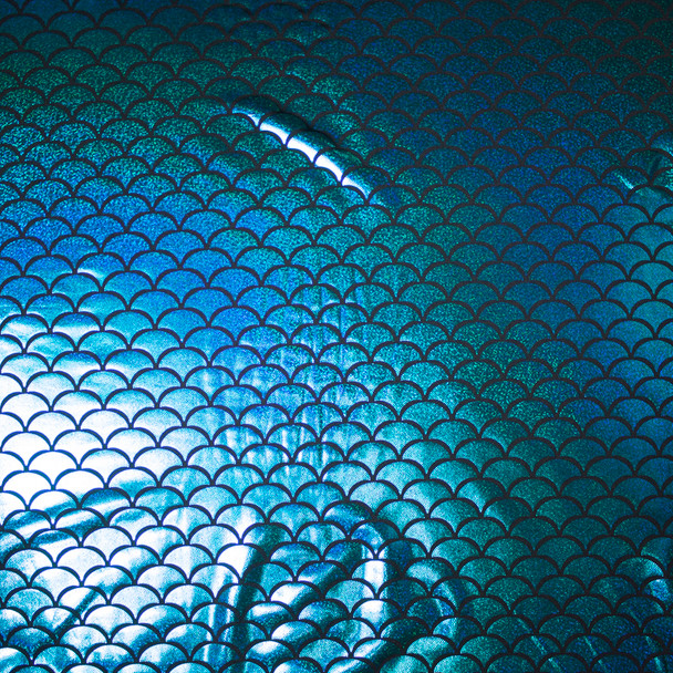 Cali Fabrics | Ocean Blue on Black Holographic Mermaid Scale Nylon/Lycra