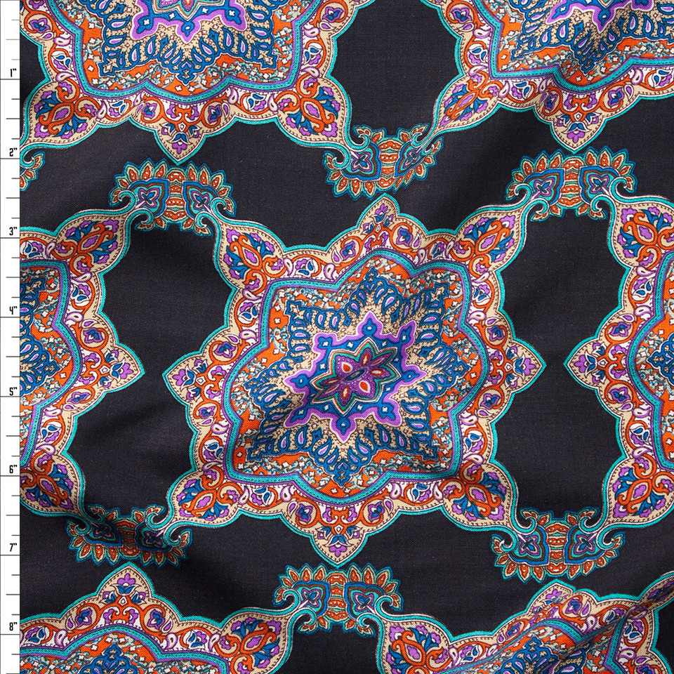 Cali Fabrics Vibrant Boho Medallions on Black Rayon Challis Rayon ...