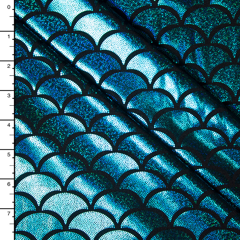 Cali Fabrics | Ocean Blue on Black Holographic Mermaid Scale Nylon/Lycra