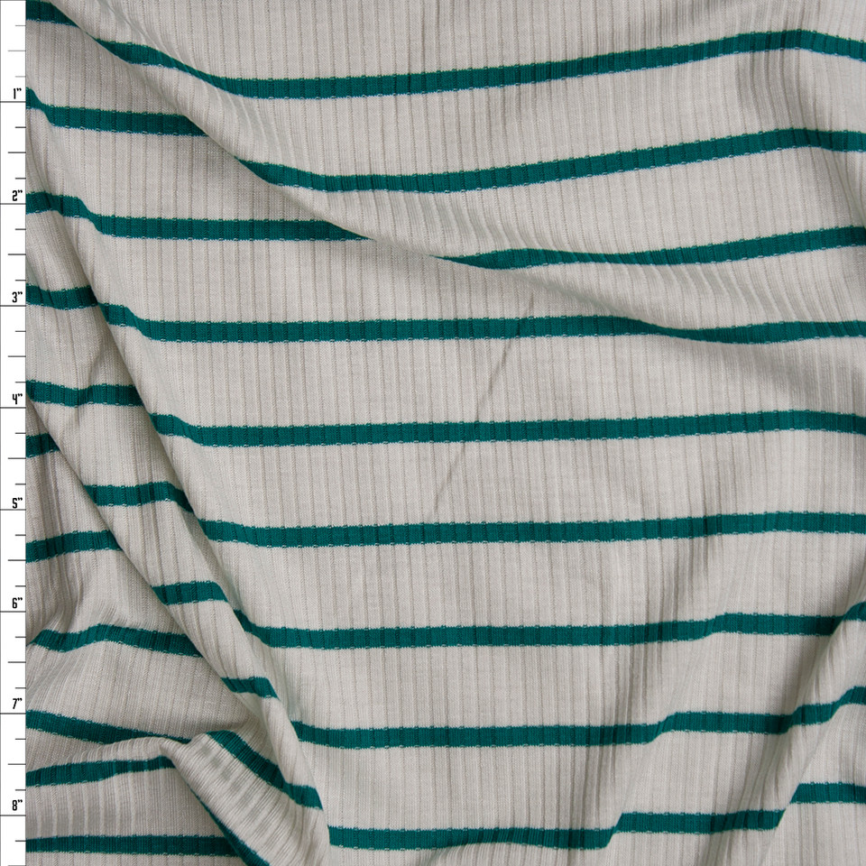 Cali Fabrics Teal on Offwhite Horizontal Pencil Stripe Stretch Rayon ...