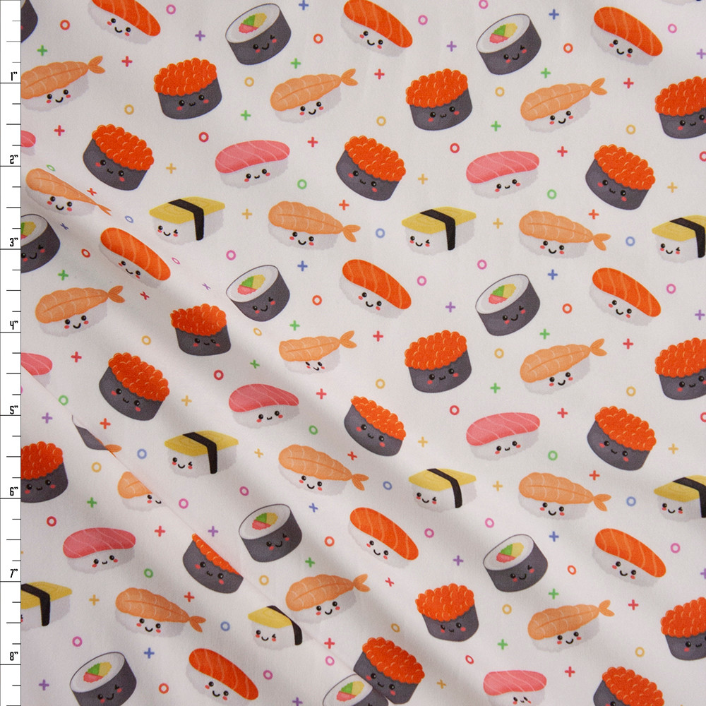 Cali Fabrics Smiling Sushi on White Double Brushed Poly Spandex Knit ...