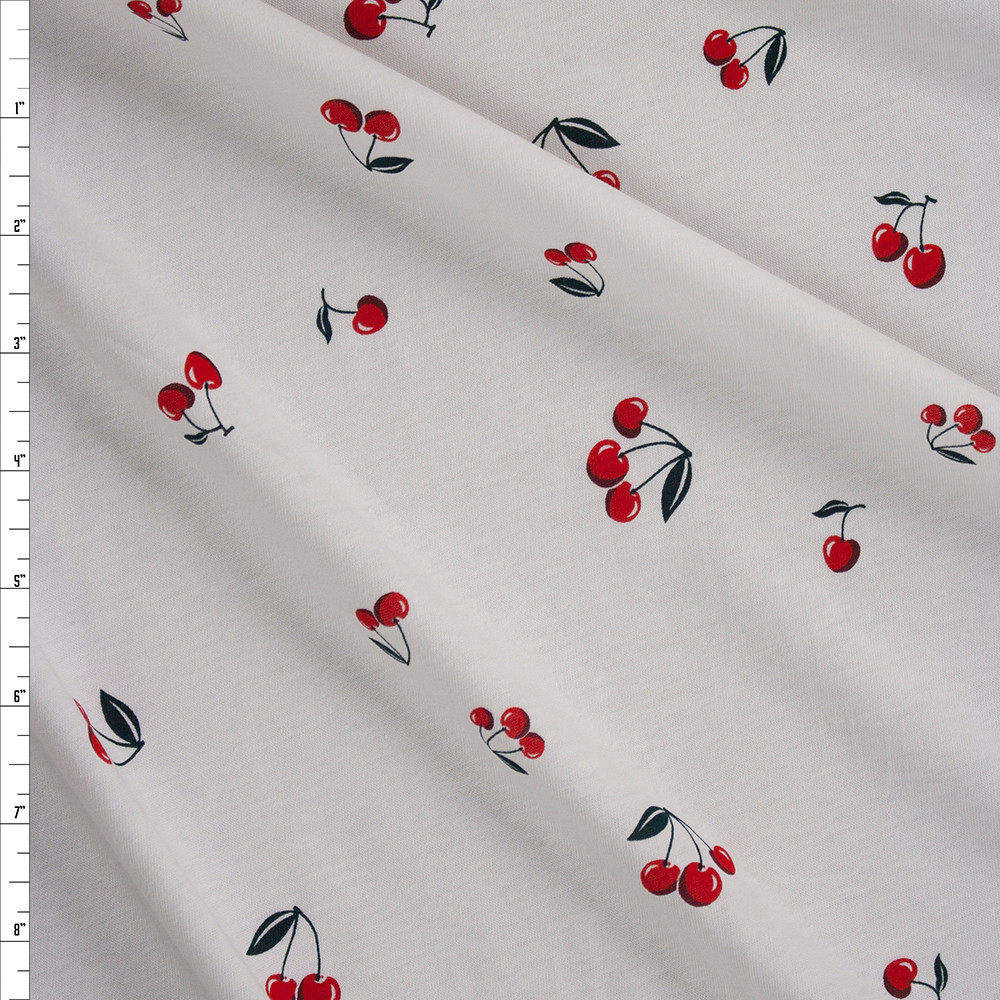 Cali Fabrics Cherries on Warm White Lightweight Cotton Jersey Fabric by ...