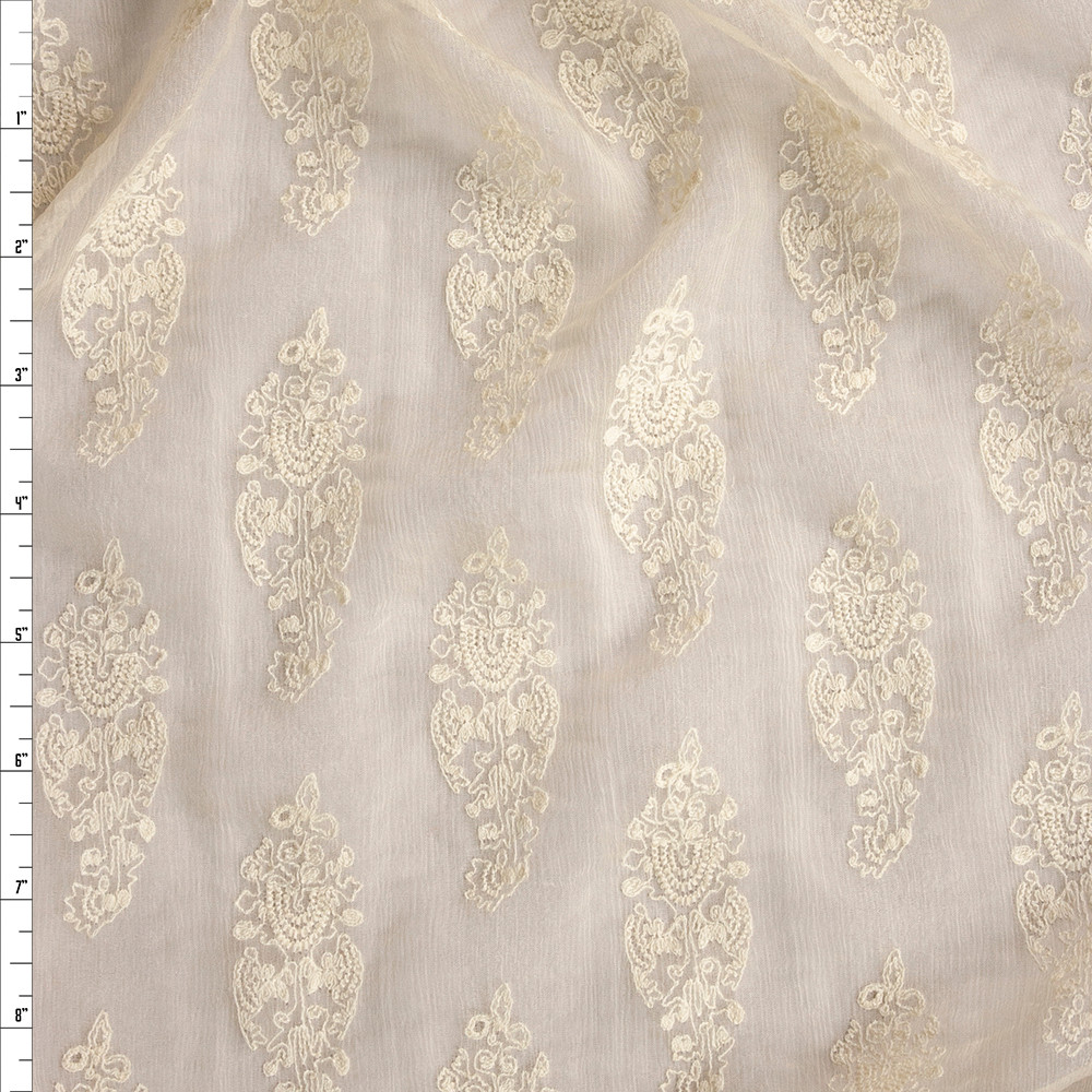 Cali Fabrics Ivory Embroidery on Ivory Designer Crinkle Silk Chiffon ...