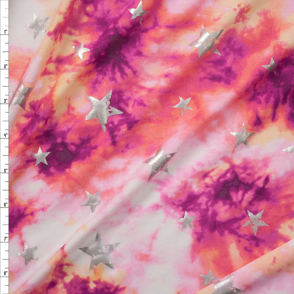 Cali Fabrics Metallic Silver Grunge Stars on Pink and Ivory Tie Dye ...