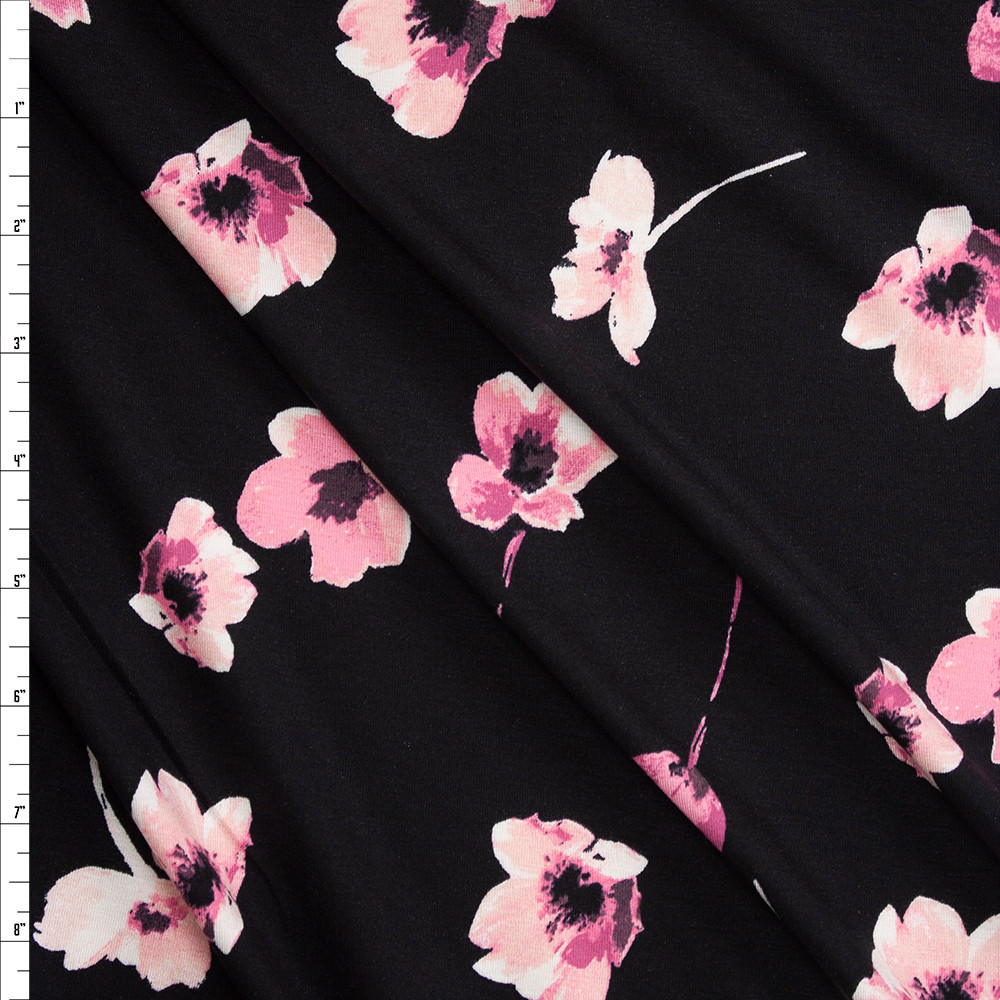 Cali Fabrics Falling Pink Flowers on Black Fabric by the Yard