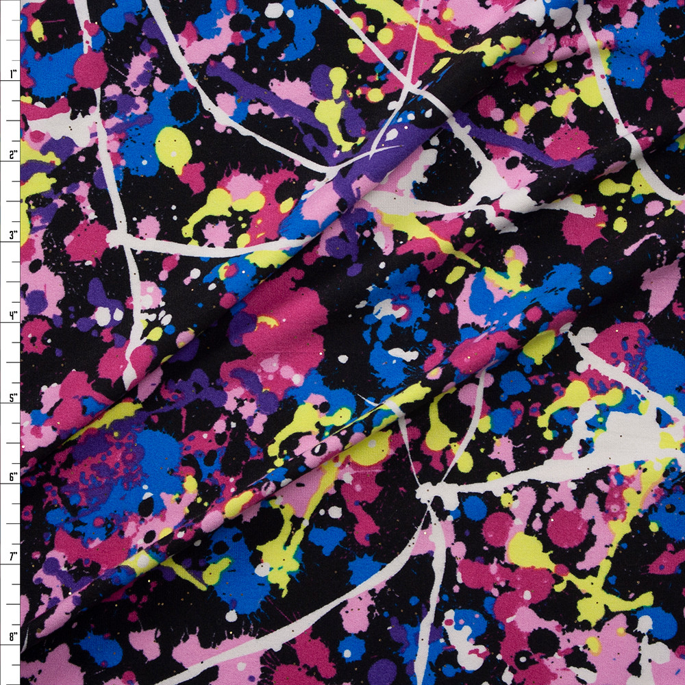 Cali Fabrics Vibrant Paint Splatter on Black Stretch Double Brushed ...