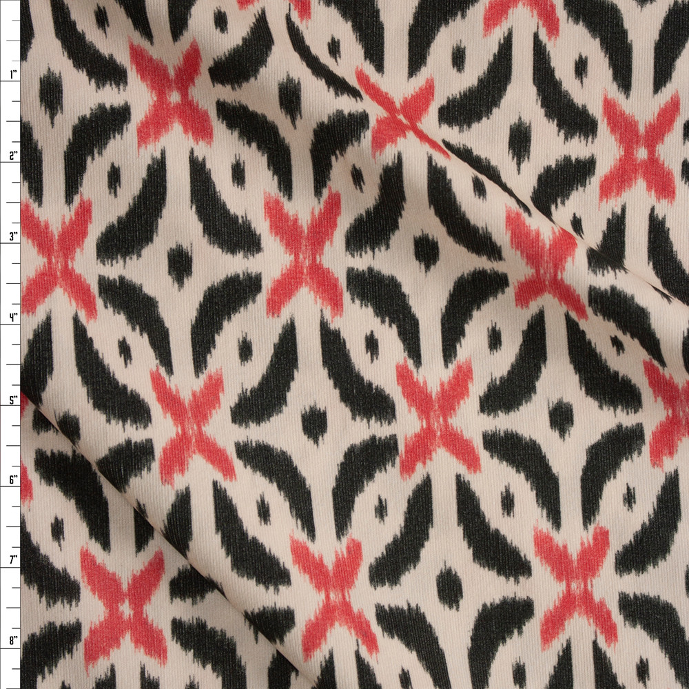 Cali Fabrics Red and Black Ikat on Ivory Baby Wale Corduroy Fabric by ...