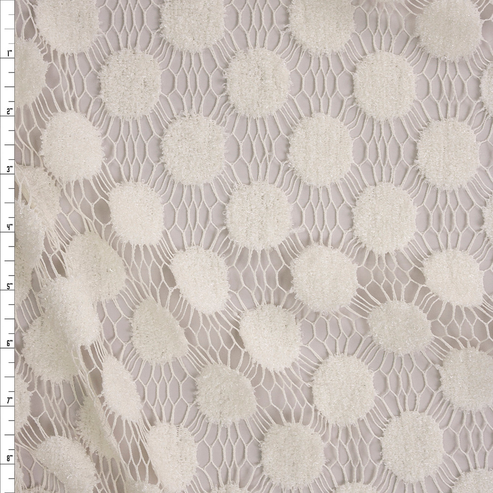 Cali Fabrics Ivory Large Fuzzy Polka Dot Lace Fabric by the Yard