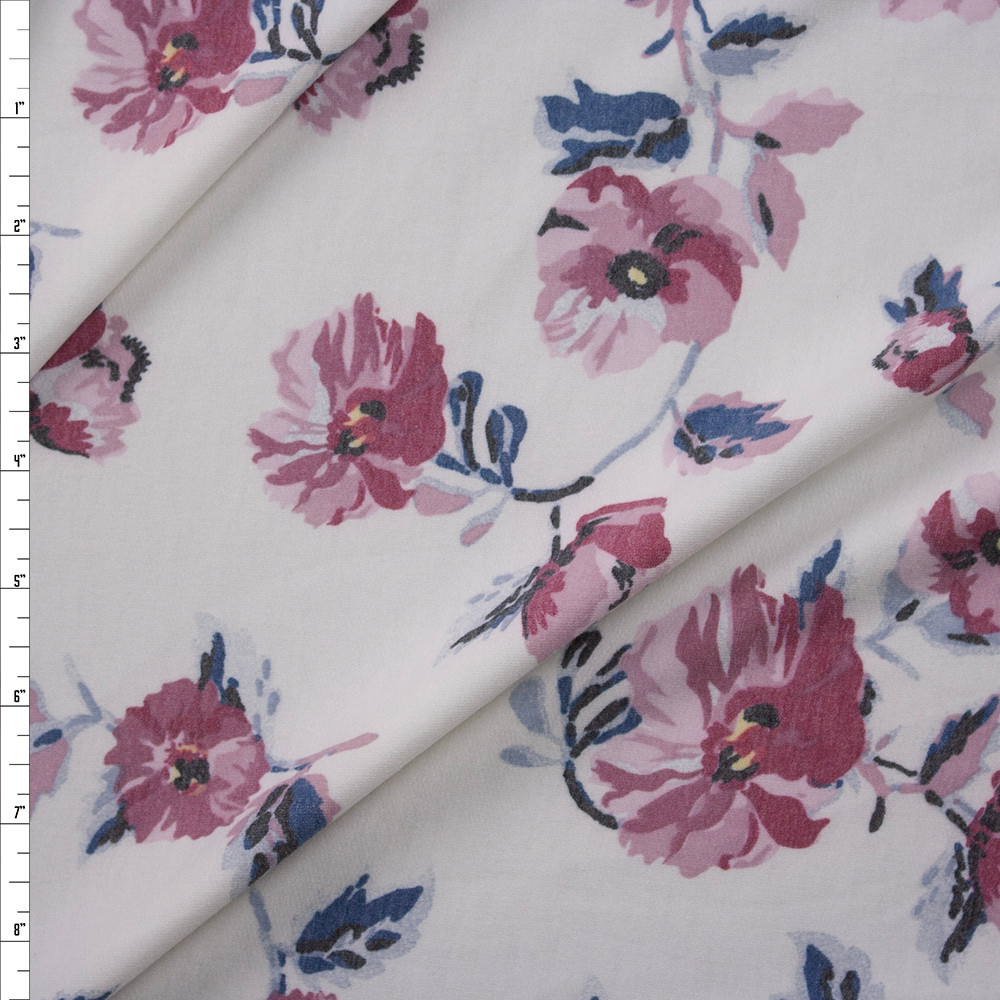 Cali Fabrics Dusty Pink and Navy Floral on Warm White Triblend French ...