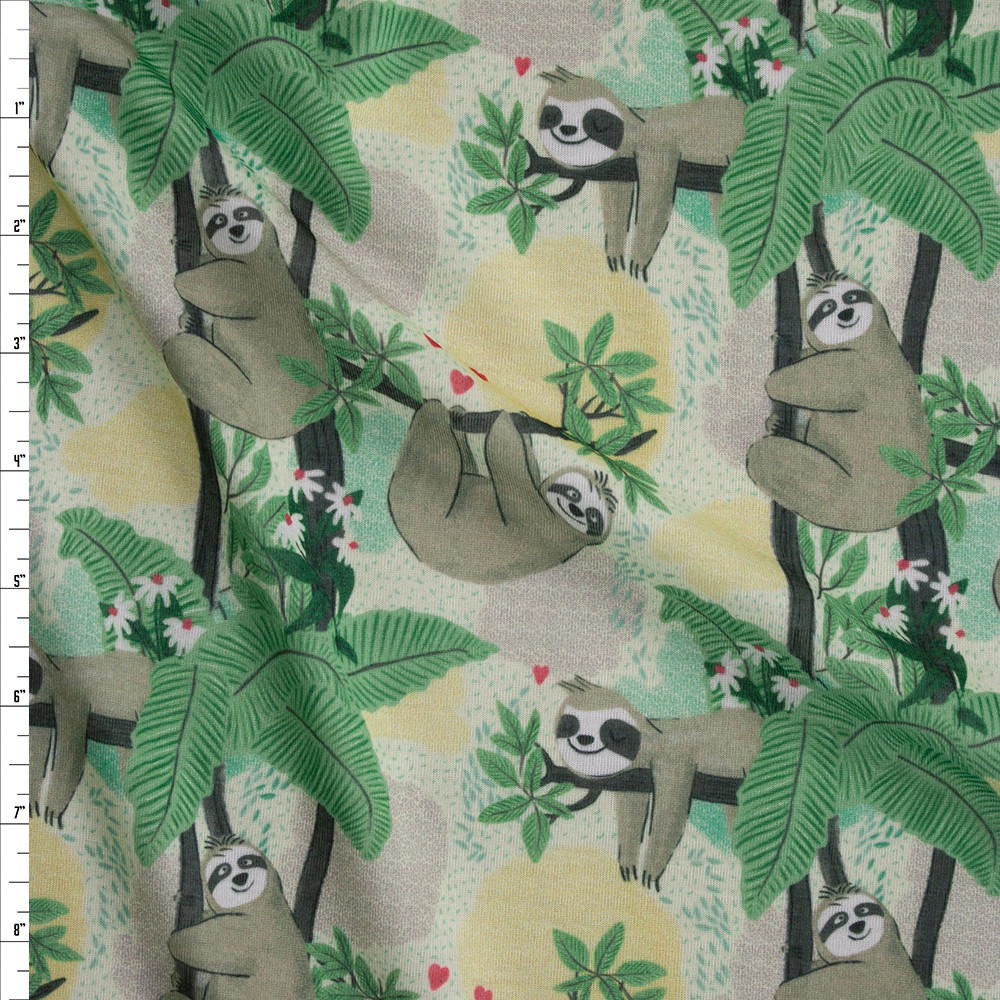 Cali Fabrics Happy Sloths Spun Poly Jersey Knit Fabric by the Yard