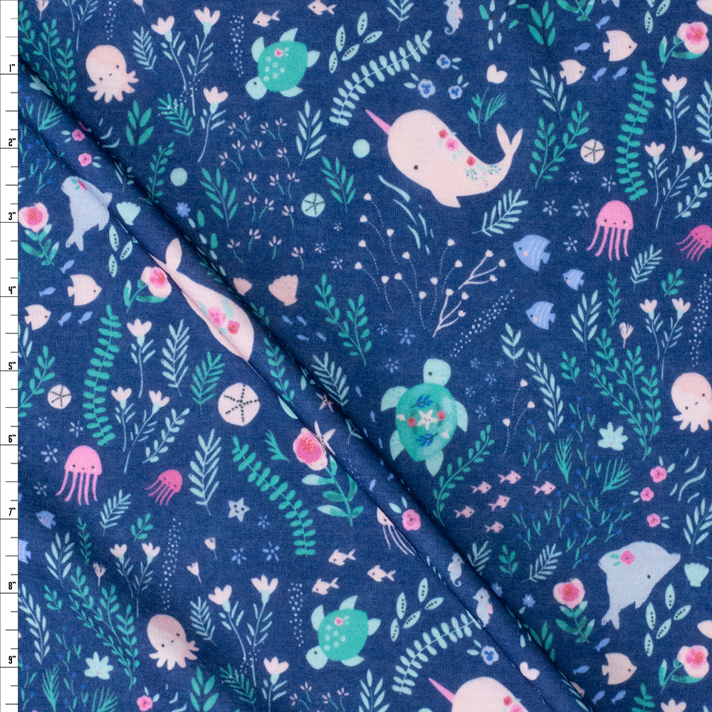Cali Fabrics Cute Sea Creatures on Blue Spun Poly Jersey Knit Fabric by ...