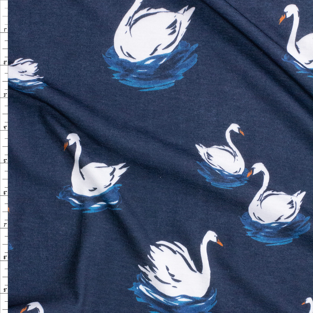 Cali Fabrics Swans on Navy Spun Poly Jersey Knit Fabric by the Yard