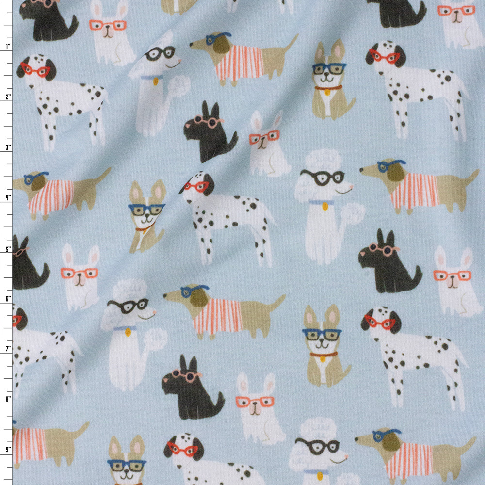 Cali Fabrics Bespectacled Canines on Baby Blue Spun Poly Jersey Knit ...