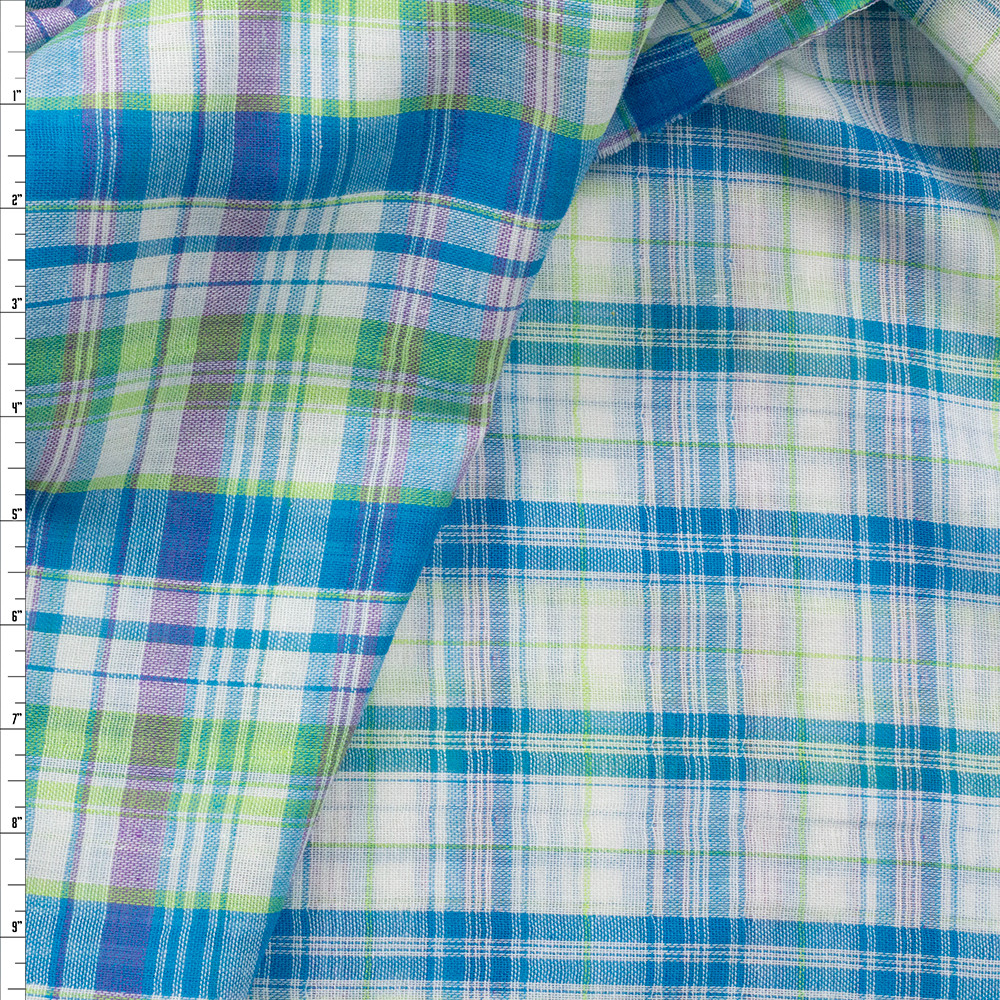 Cali Fabrics Blue and Lime Plaid Reversible Double Gauze Fabric by the Yard
