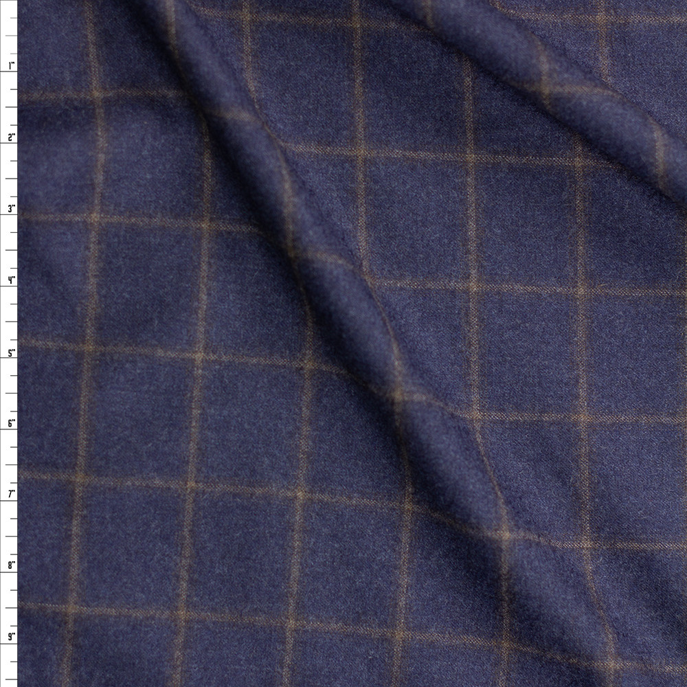 Cali Fabrics Brown on Navy Windowpane Plaid Fine Italian Brushed Wool ...