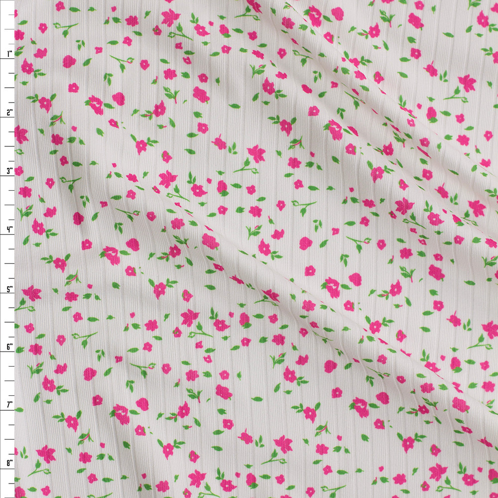 Cali Fabrics Pink and Green Floral on White Double Brushed Poly Rib ...