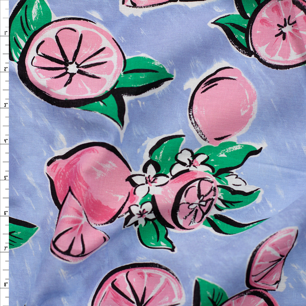 Cali Fabrics Pink and Green Lemon Prints on Light Blue Cotton/Linen ...