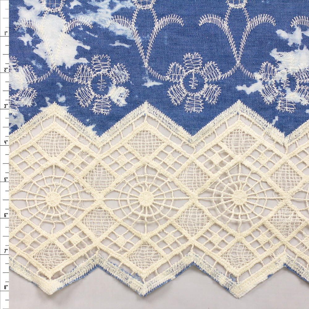 Cali Fabrics Offwhite Geometric Single Border on Bleach Dyed Light Blue ...