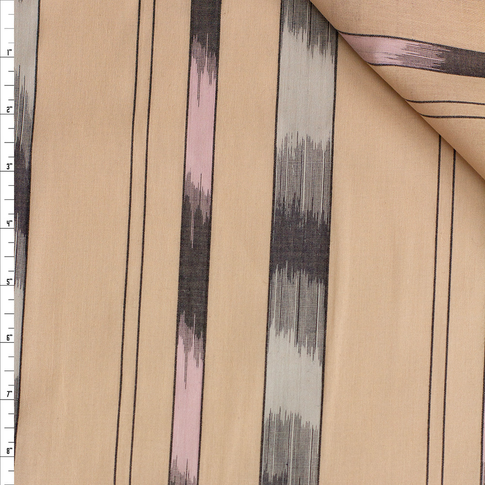 Cali Fabrics Pink and Grey Vertical Streak Stripe on Tan Cotton Lawn ...