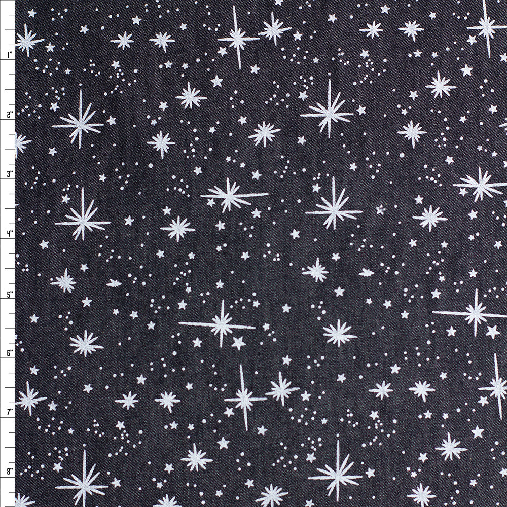 Cali Fabrics Twinkling White Stars on Black Lightweight Denim Fabric by ...