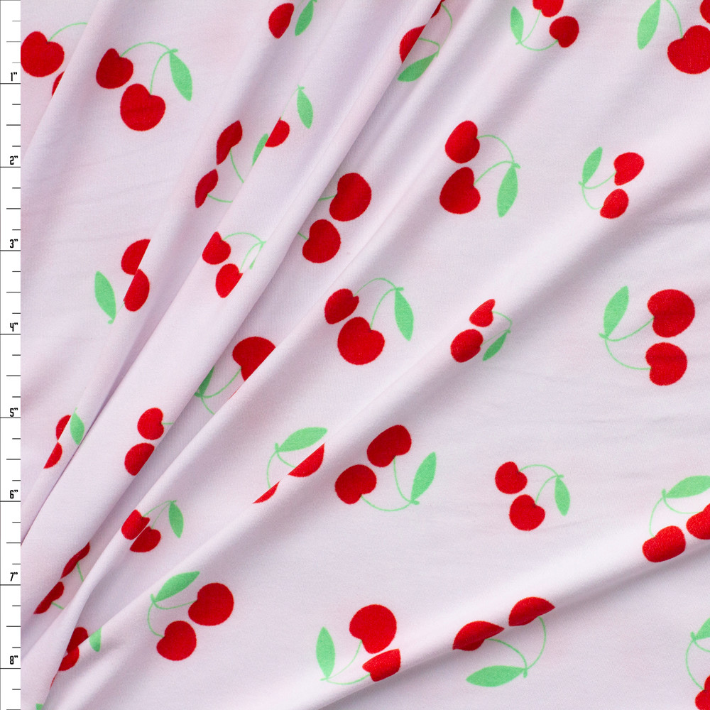 Cali Fabrics Bright Cherries on White Double Brushed Poly/Spandex Knit ...