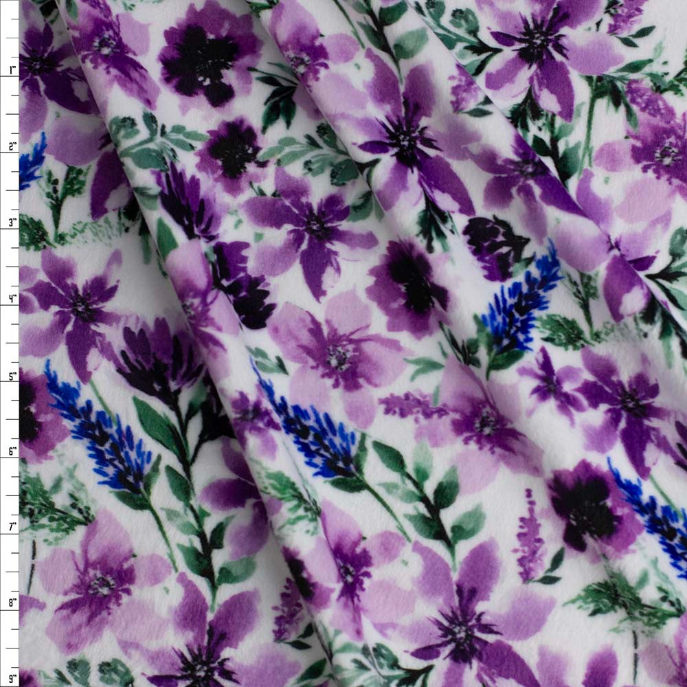 Cali Fabrics Purple and Green Floral on White Cuddle Fabric by the Yard