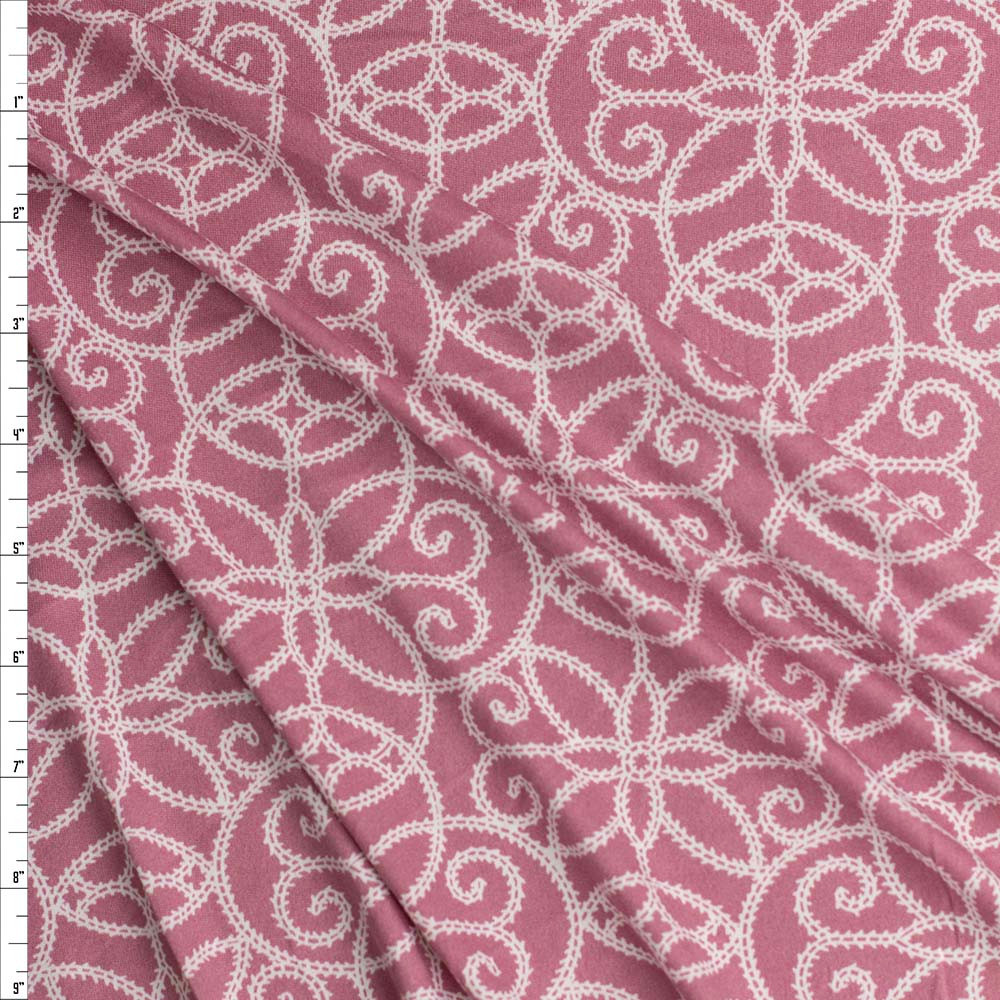Cali Fabrics White and Dusty Pink Scrollwork Double Brushed Poly ...