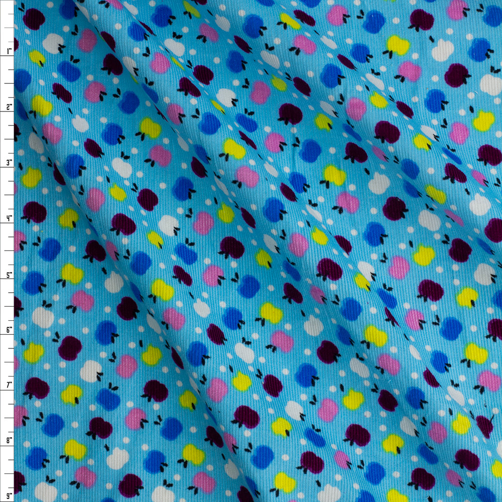 Cali Fabrics Bright Multi Apples on Aqua Baby Wale Corduroy #26998 ...