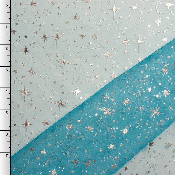 Cali Fabrics | Metallic Silver Stars on Turquoise Organza