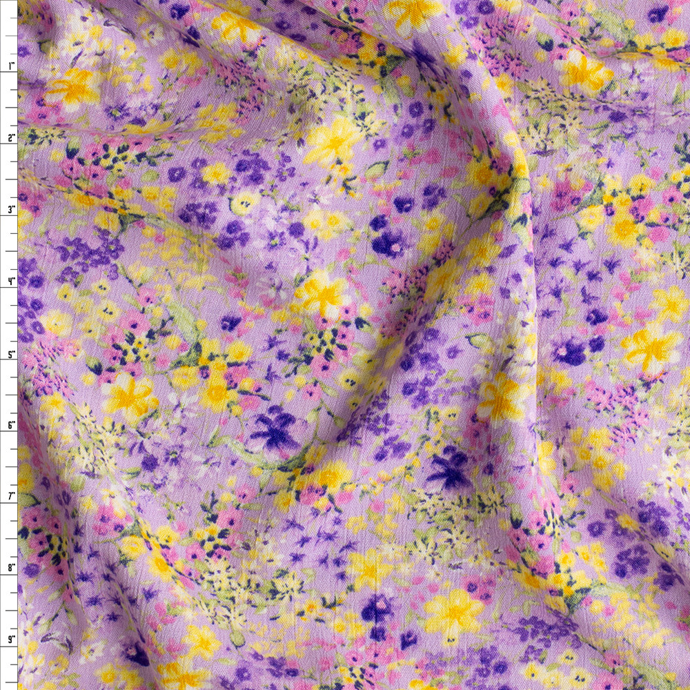 Cali Fabrics Purple And Yellow Floral On Lavender Rayon Gauze Fabric by ...