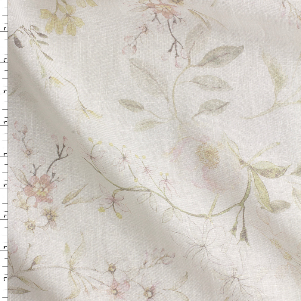 Cali Fabrics Soft Watercolor Floral On Offwhite Linen Fabric by the Yard
