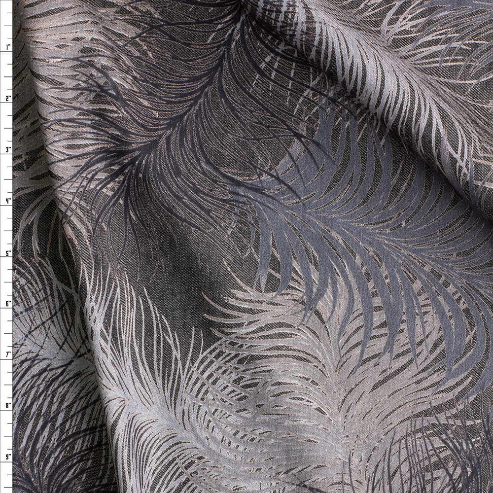 Cali Fabrics Layered Feathers On Black Stretch Deninm Fabric by the Yard