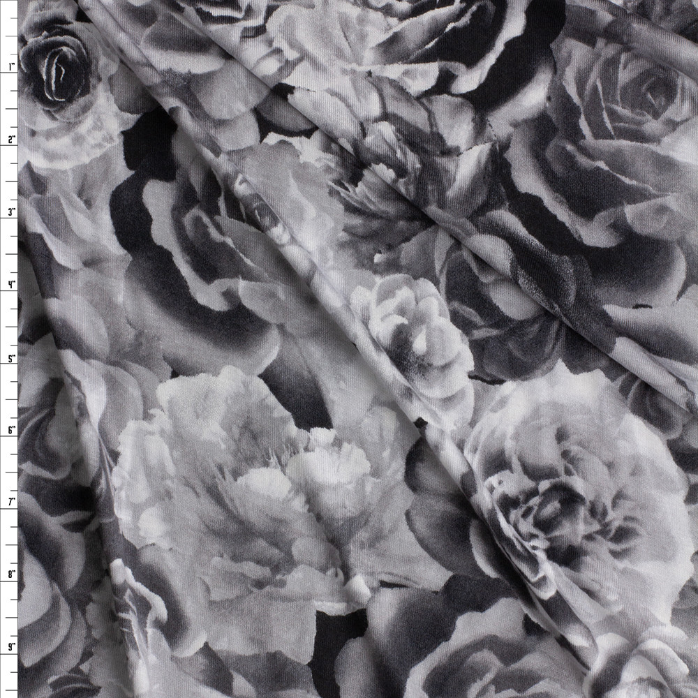 Cali Fabrics Grayscale Roses Designer Rayon Jersey Knit #27467 Fabric ...