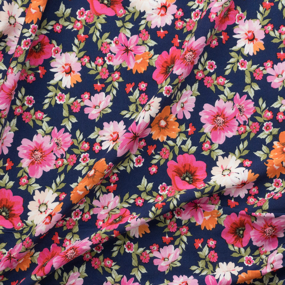 Cali Fabrics Spring Floral On Navy Rayon Challis Fabric by the Yard