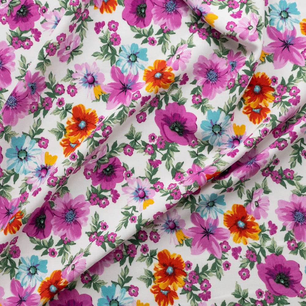 Cali Fabrics Spring Floral On White Rayon Challis Fabric by the Yard