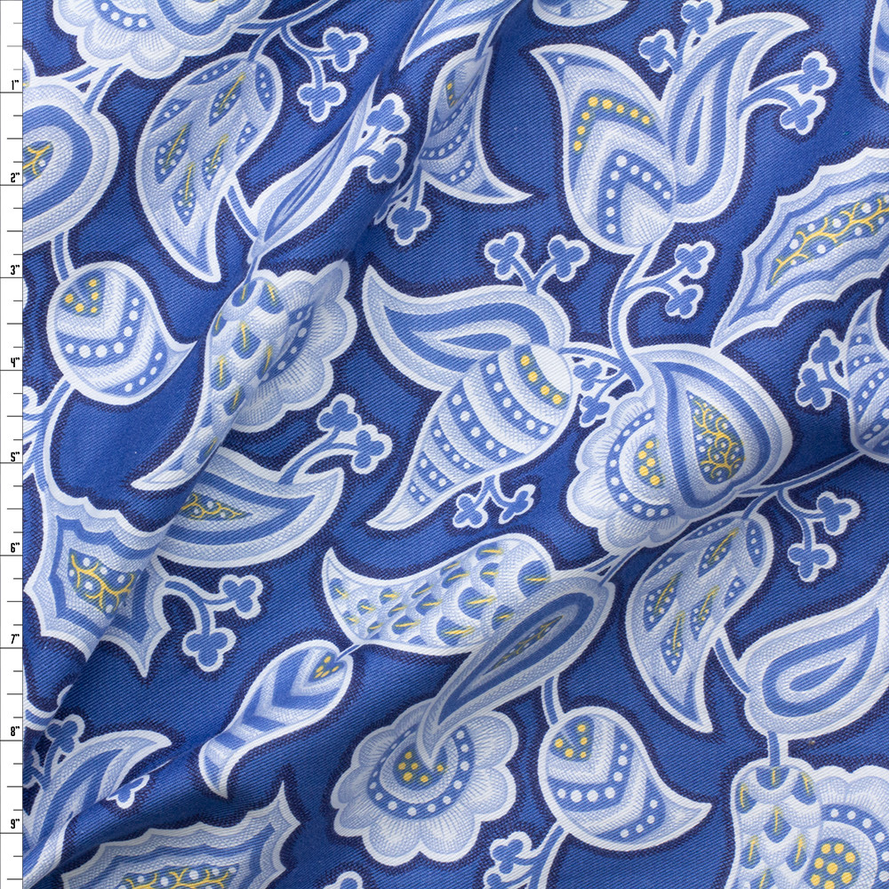 Cali Fabrics Light Blue And Yellow Layered Floral Designer Cotton Twill ...