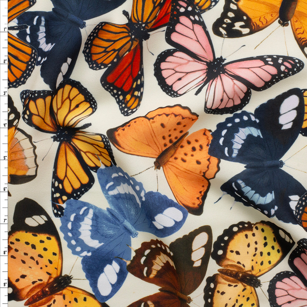 Cali Fabrics Butterflies On Offwhite Crepe De Chine Fabric by the Yard