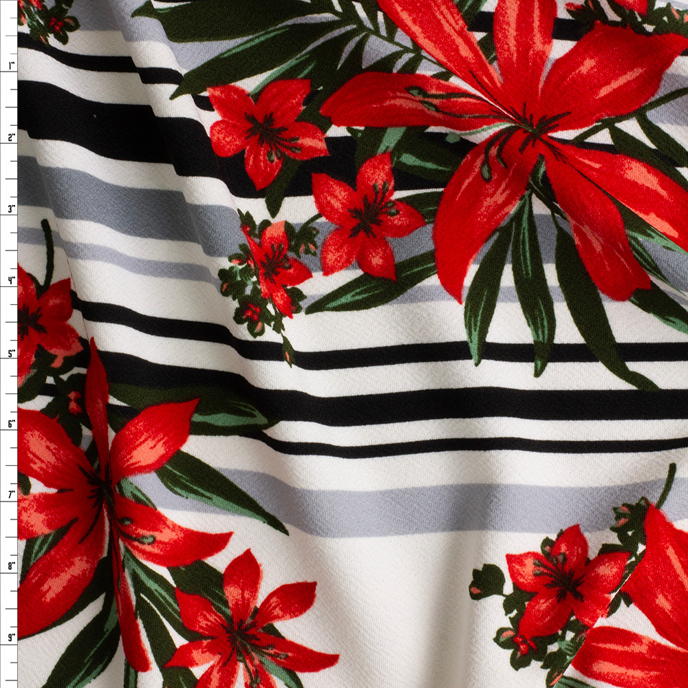 Cali Fabrics Red Island Floral On Horizontal Black And Grey Stripe ...