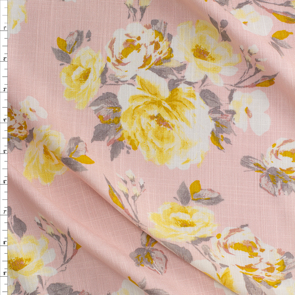 Cali Fabrics Light Yellow Rose Floral On Soft Apricot Linen Look Rayon ...