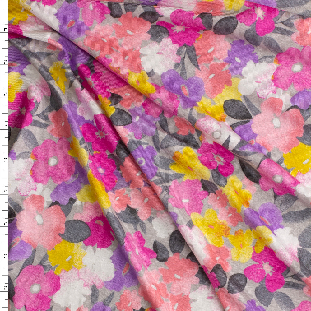 Cali Fabrics Spring Floral On Gray Designer Rayon Jersey #28279 Fabric ...