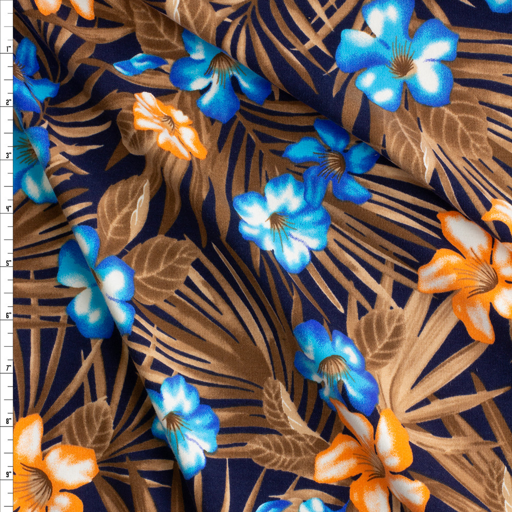 Cali Fabrics Orange And Turquoise Island Floral On Navy Designer Cotton ...