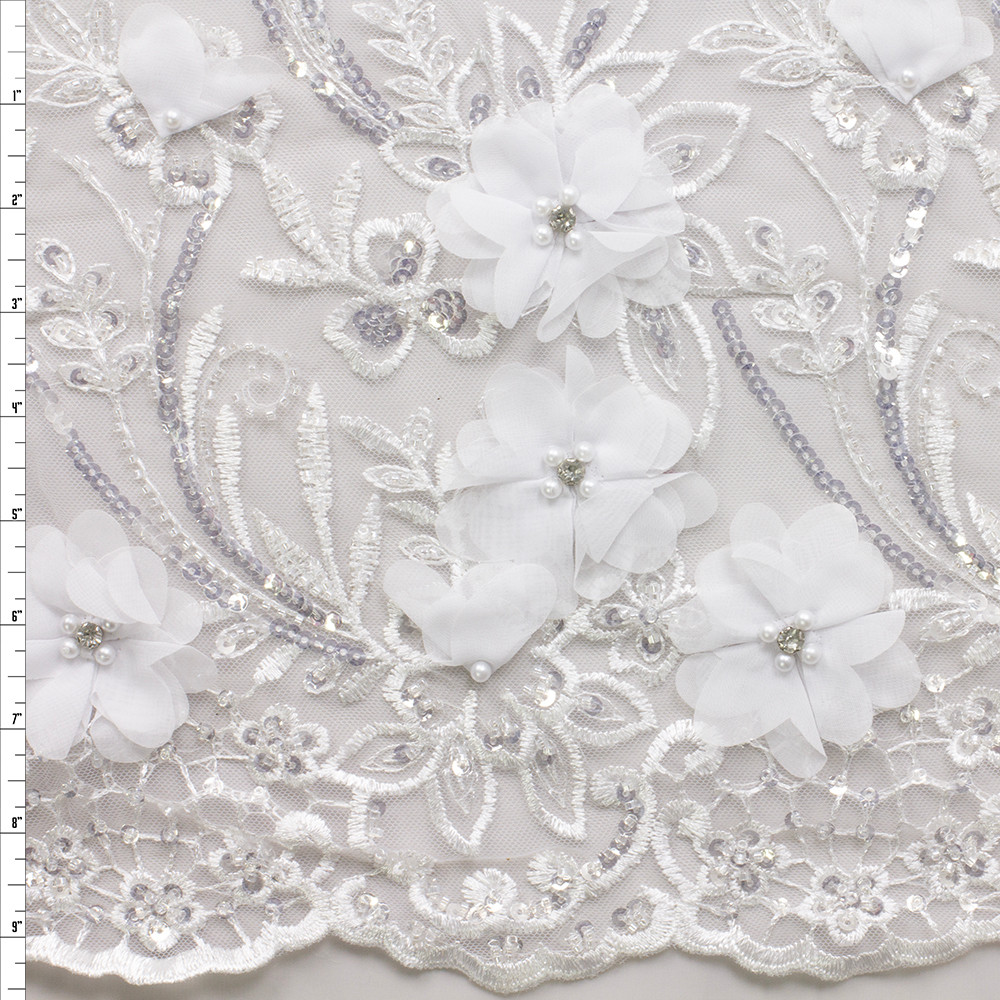 Cali Fabrics White Rhinestone Floral Beaded Bridal Lace #28859 Fabric ...