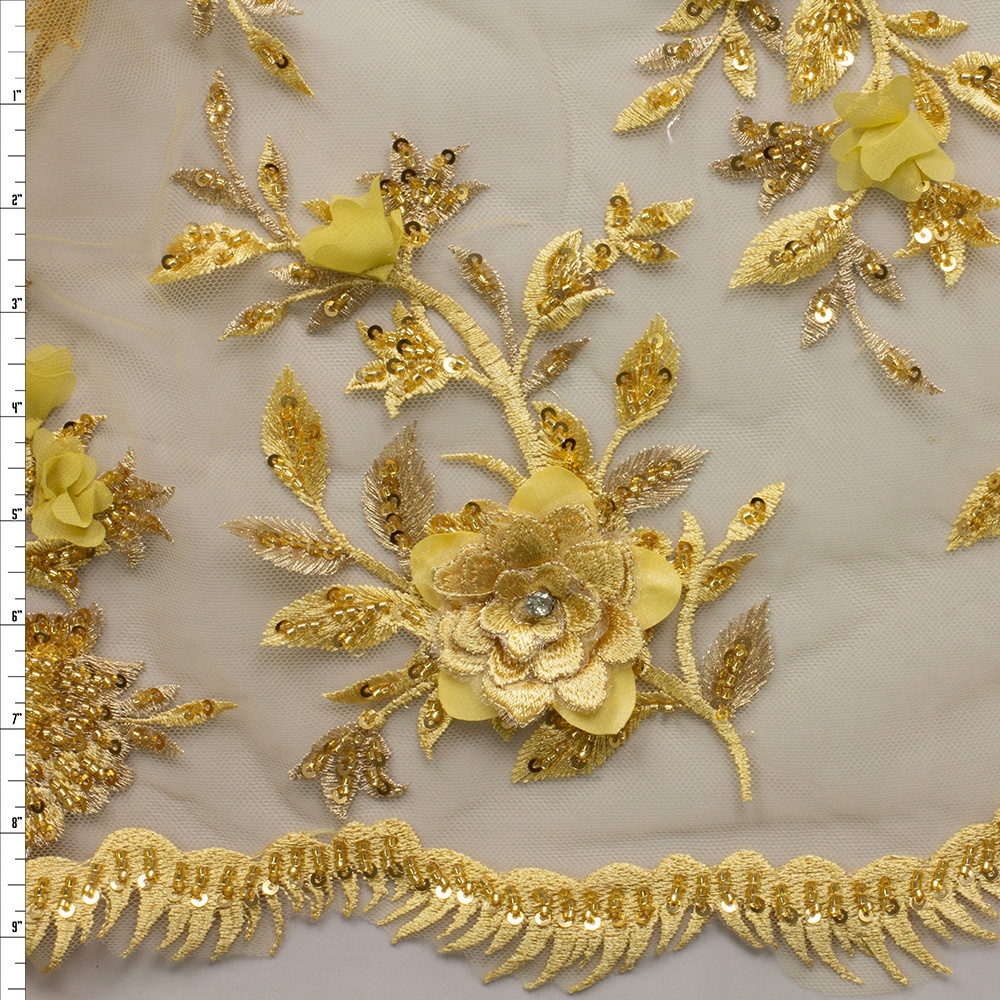 Cali Fabrics Gold Rhinestone Rose Beaded Bridal Lace #28861 Fabric by ...
