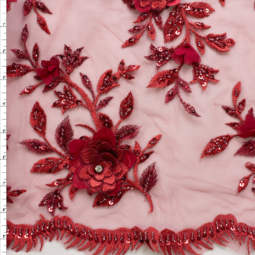 Cali Fabrics Burgundy Rhinestone Rose Beaded Bridal Lace #28865 Fabric ...