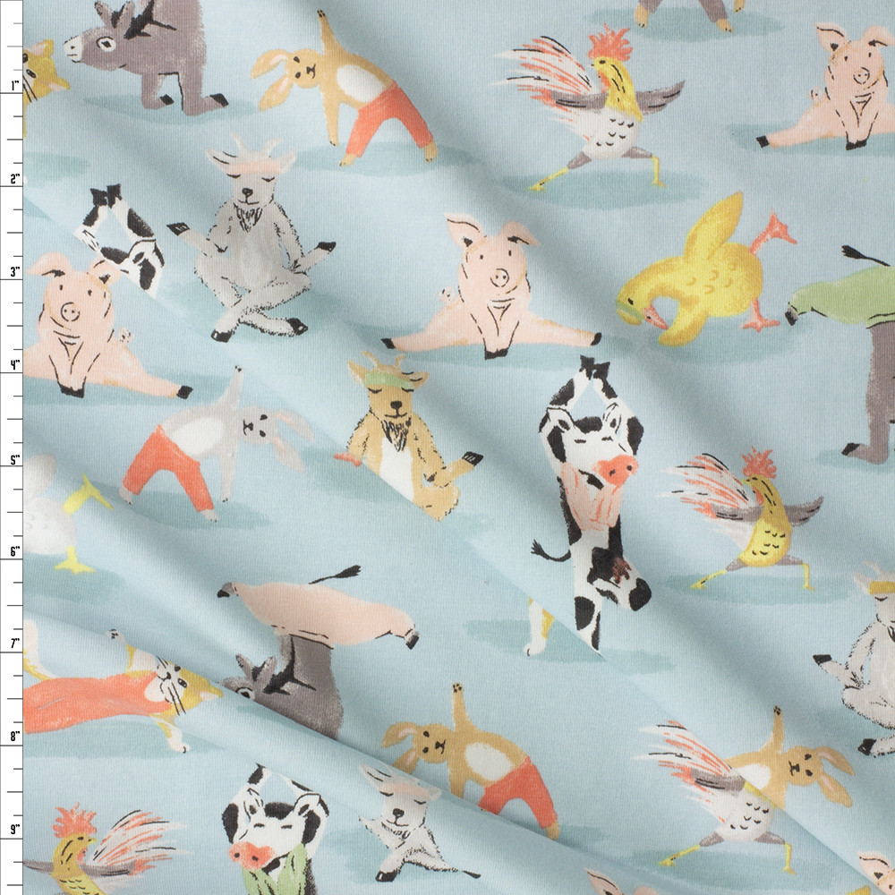 Cali Fabrics Farm Animals Doing Yoga Stretch Organic Cotton Jersey ...